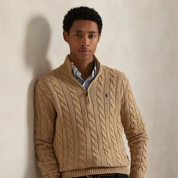 Ralph Lauren Cable-knit Cotton Quarter-zip Sweater - Camel Melange