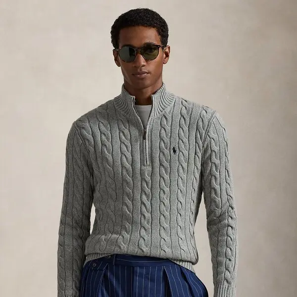 Ralph Lauren Cable-knit Cotton Quarter-zip Sweater - Fawn Grey Heather