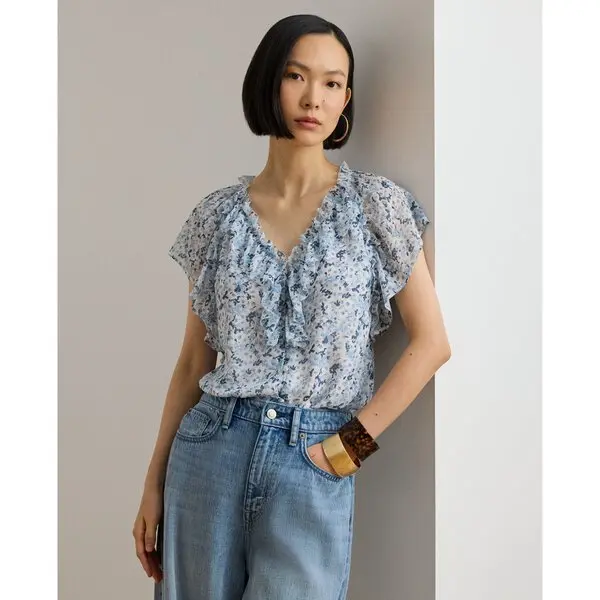 Ralph Lauren Floral Ruffle-trim Georgette Blouse
