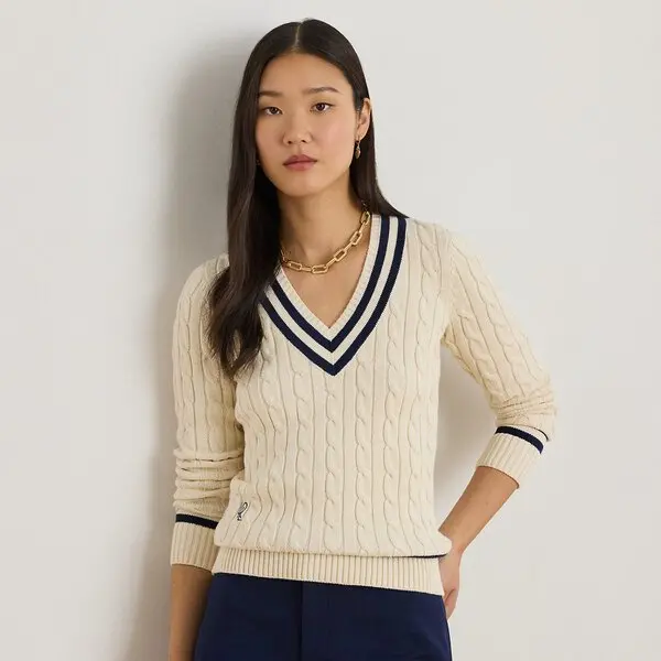 Ralph Lauren Cable-knit Cotton Cricket Sweater - Mascarpone Cream/navy