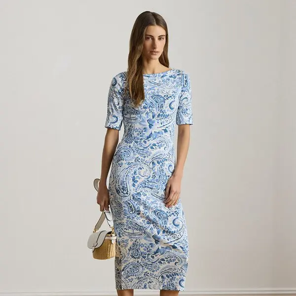 Ralph Lauren Pailey Cotton Boatneck Midi Dress - White/blue