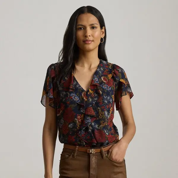 Ralph Lauren Floral Ruffle-tri Georgette Blouse - Navy Multi