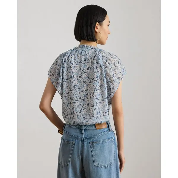Ralph Lauren Floral Ruffle-trim Georgette Blouse - White/blue