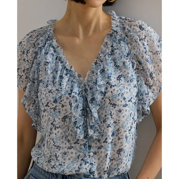 Ralph Lauren Floral Ruffle-trim Georgette Blouse - White/blue