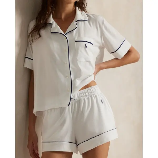 Ralph Lauren Piped Jersey Short-sleeve Pajama Set - White Cloud