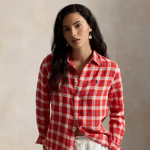 Ralph Lauren Classic Fit Plaid Linen Shirt - Red White Blue Multi