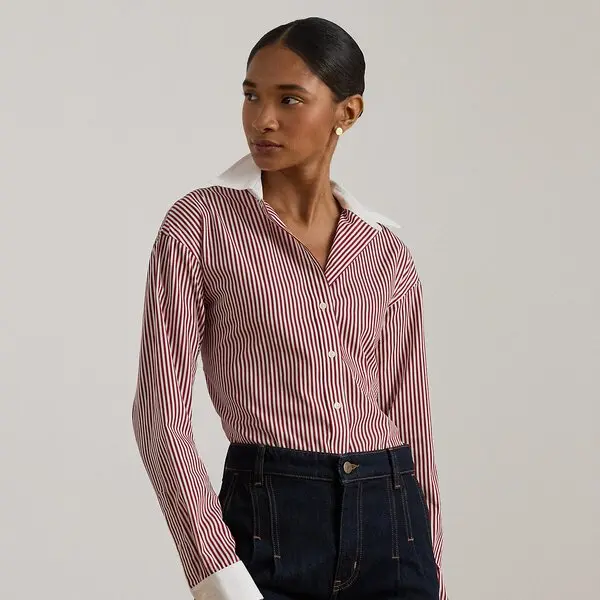 Ralph Lauren Striped Cotton Broadcoth Shirt - Burgandy/white Multi