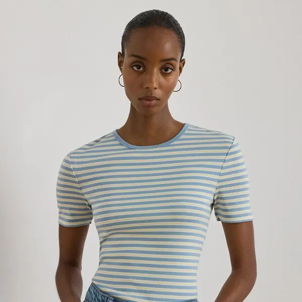 Ralph Lauren Striped Rib-knit Stretch Cotton Tee - Blue Note Multi