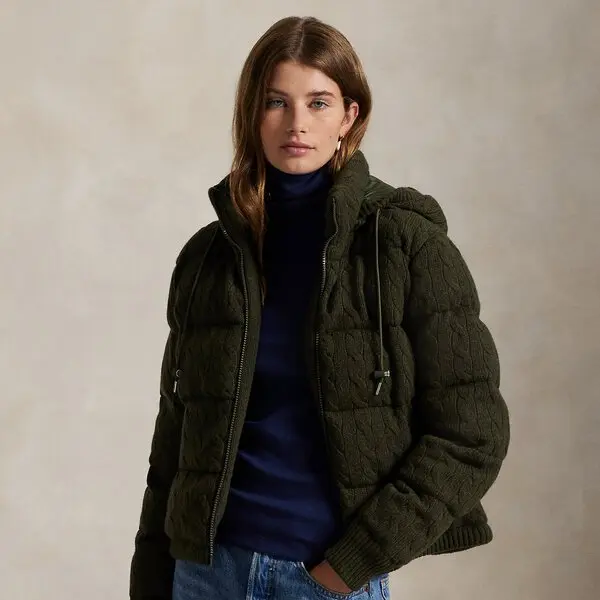 Ralph Lauren Cable-knit Wool-cashmere Puffer Jacket - Green Bay Melange
