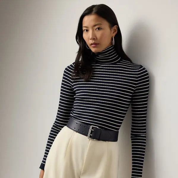 Ralph Lauren Triped Rib-knit Cahmere Turtleneck - Icon Navy/lux Cream