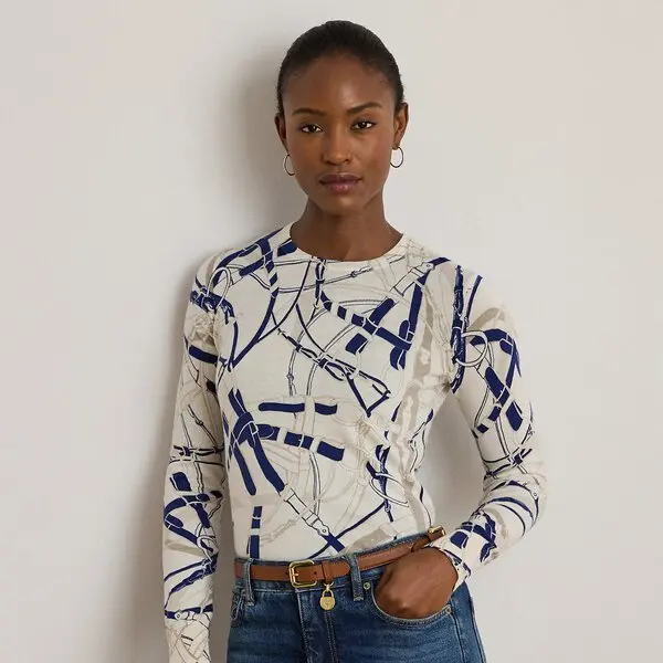 Ralph Lauren Belting-print Cotton-blend Sweater - Cream/navy Multi