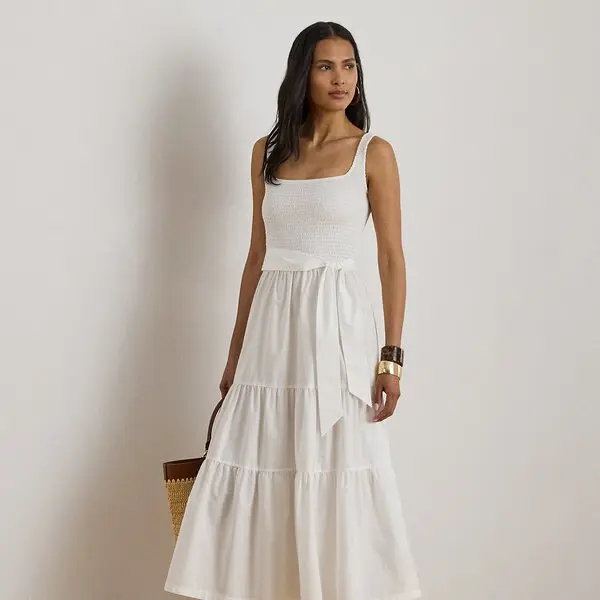 Ralph Lauren Belted Tiered Midi Dress - White