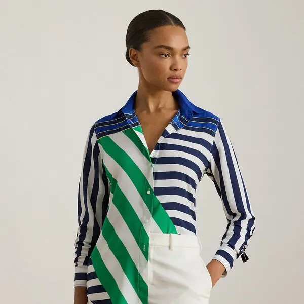 Ralph Lauren Cassic Fit Striped Crepe Shirt - Navy/white/green