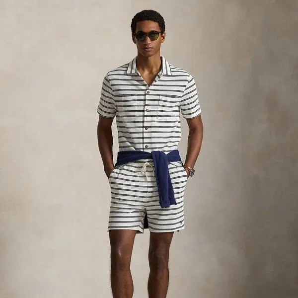 Ralph Lauren 6-inch Striped Pointelle-ribbed Shorts - Pale Cream/newport Navy