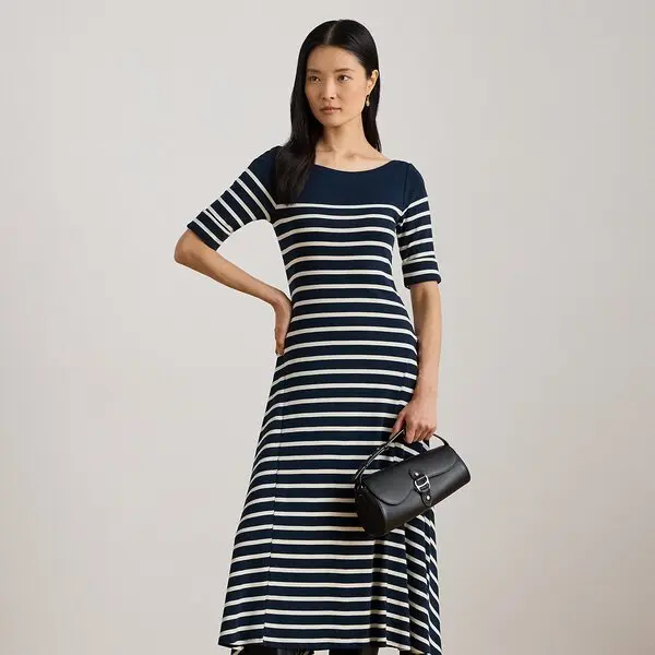 Ralph Lauren Striped Cotton Rib-knit Midi Dress - Lauren Navy/cream