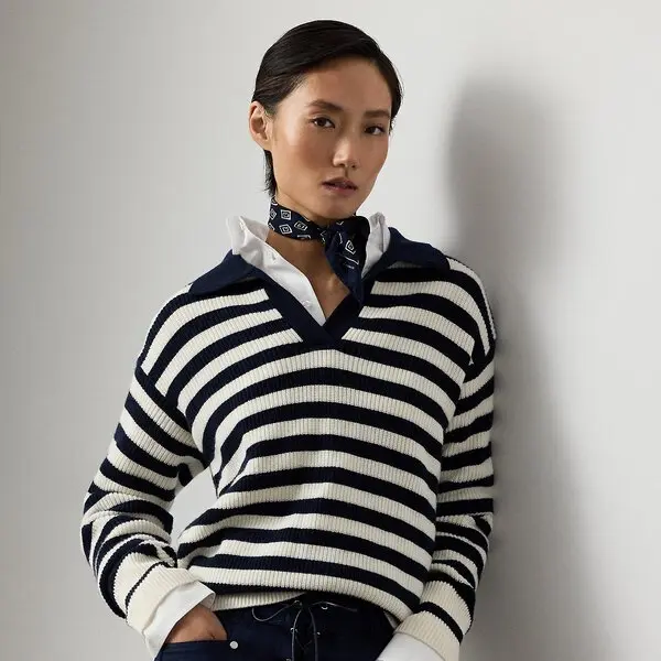 Ralph Lauren Striped Cashmere Polo Sweater - Icon Navy/cream