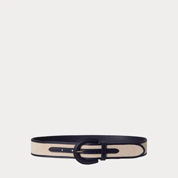 Ralph Lauren Crescent Buckle Canvas And Leather Wide Belt - Natural/buff/navy