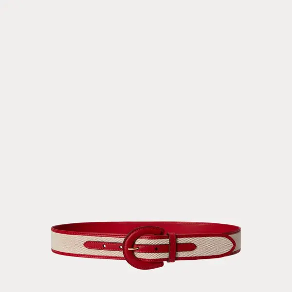 Ralph Lauren Crescent Buckle Canvas And Leather Wide Belt - Natural/canvas/festive Red