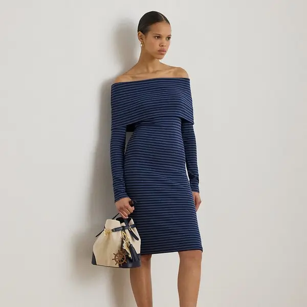 Ralph Lauren Striped Ribbed Off-the-shouder Dress - Indigo Dusk Heather/navy