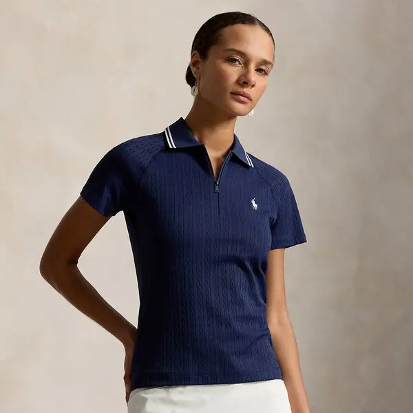 Ralph Lauren Cable Jacquard Quarter-zip Polo Shirt - Refined Navy/ceramic White