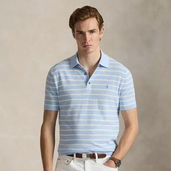 Ralph Lauren Striped Cotton-linen Polo Sweater - Office Blue Combo
