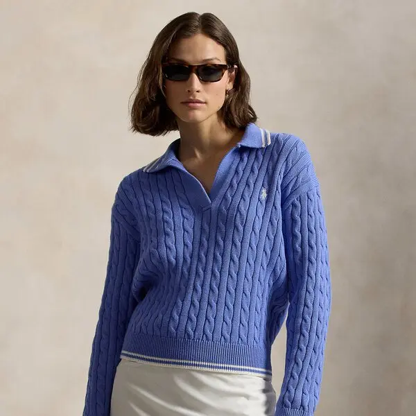 Ralph Lauren Cable-knit Polo-collar Sweater - Blue Mist/white Splash