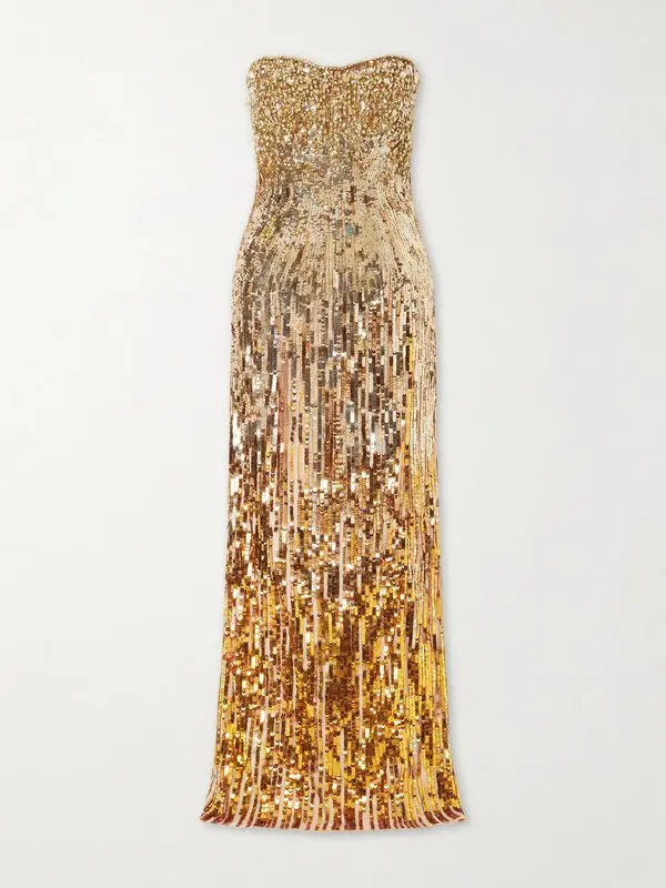 Jenny Packham Cesonia Strapless Sequined Gown - Gold