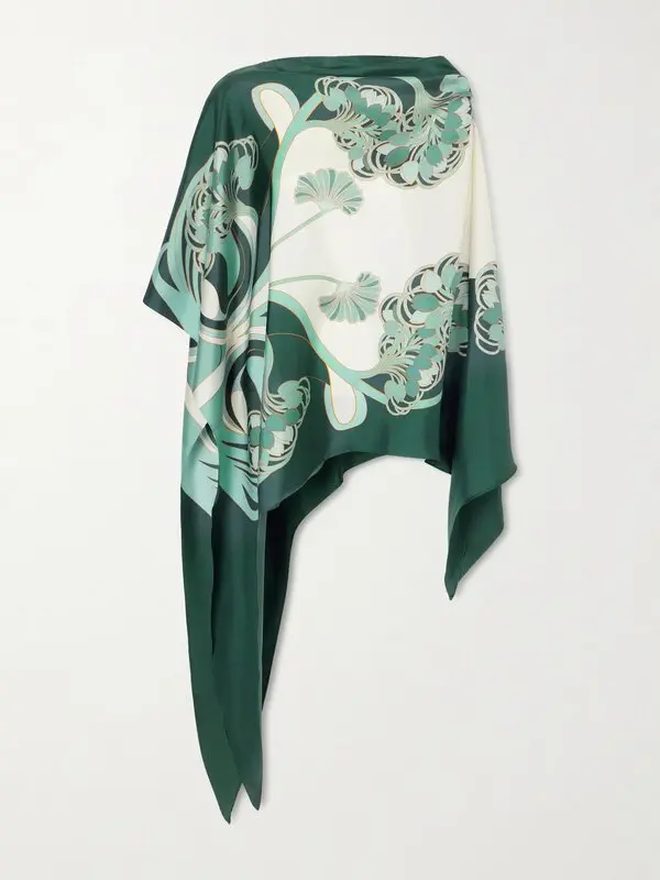 La DoubleJ Draped Printed Silk-twill Blouse - Green
