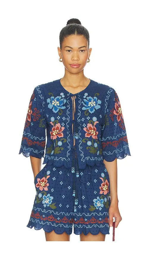 Farm Rio Blouse Top - Stitched Garden Dark Blue