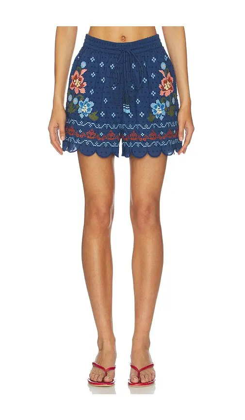 Farm Rio Embroidered Poplin Shorts - Stitched Garden Dark Blue