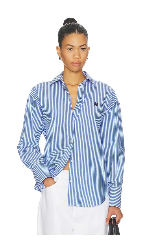 MSGM Button-up Shirt With Embroidered Logo - Light Blue & White