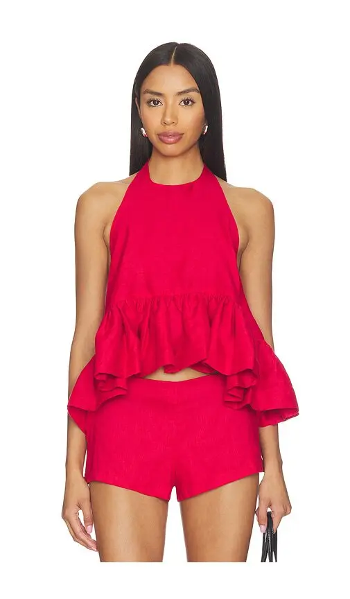 AEXAE Linen Peplum Top - Solid Red