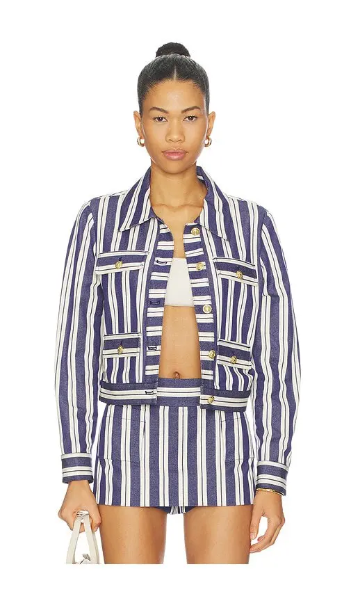 Alice + Olivia Alex Collared Boxy Jacket - Metro Stripe Twilight Blue