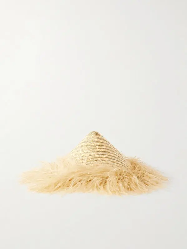 GIGI BURRIS MILLINERY Harriet Feather-trimmed Raffia Sunhat - Neutrals