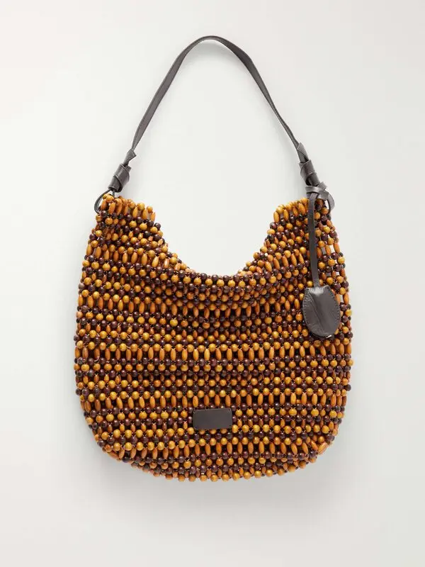Staud Drift Leather-trimmed Beaded Shoulder Bag - Brown
