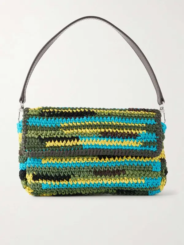 Staud Timmy Leather-trimmed Crocheted Fabric And Raffia Shoulder Bag - Turquoise