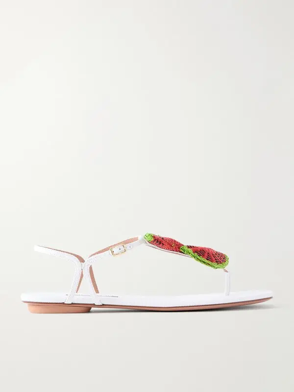 AQUAZZURA Embellished Raffia Thong Sandals - White