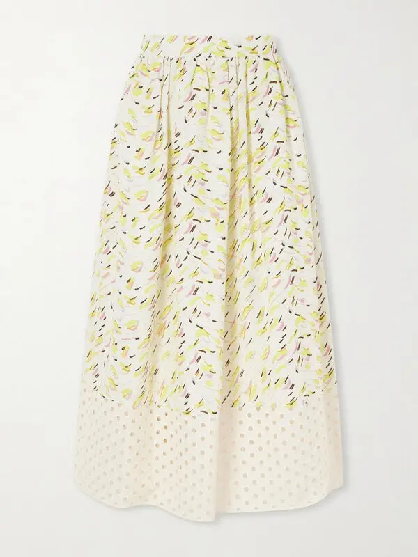 Marni Printed Linen Midi Skirt With Broderie Anglaise Trim - Yellow