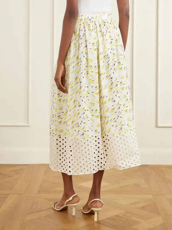 Marni Printed Linen Midi Skirt With Broderie Anglaise Trim - Yellow
