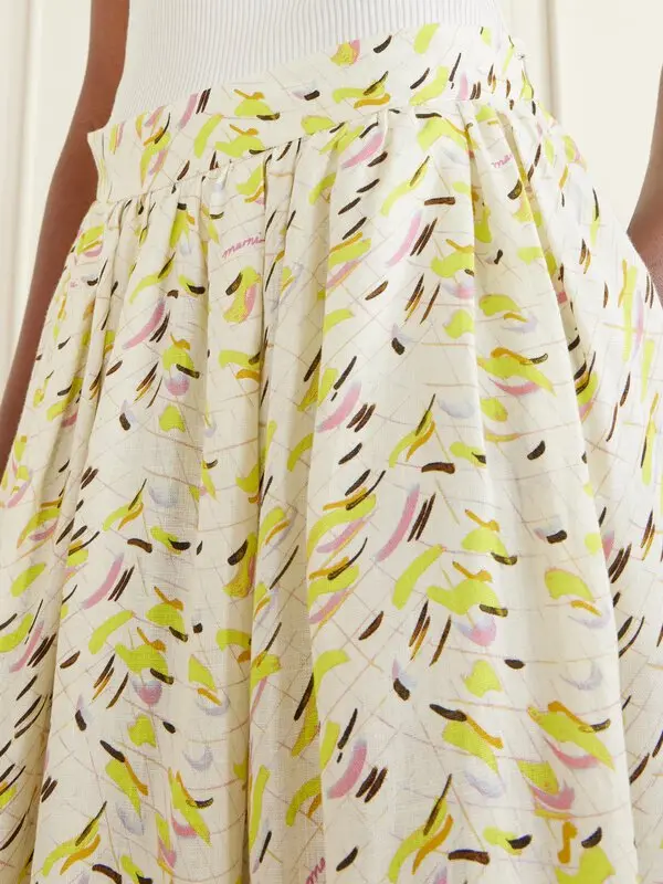 Marni Printed Linen Midi Skirt With Broderie Anglaise Trim - Yellow