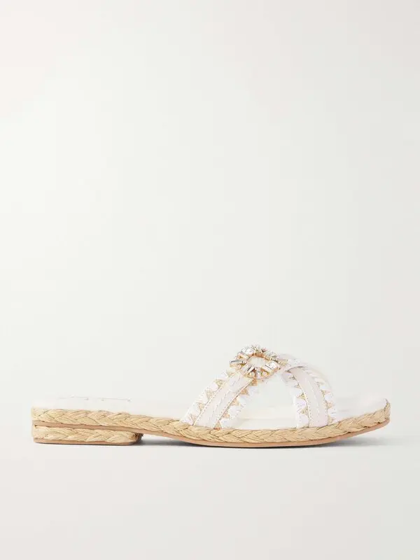 ROGER VIVIER Strass Crystal-embellished Raffia Slides - Off-white