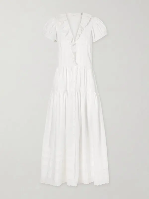 DÔEN Eliette Ruffled Brodeire Anglaise-trimmed Organic Cotton Midi Dress - White