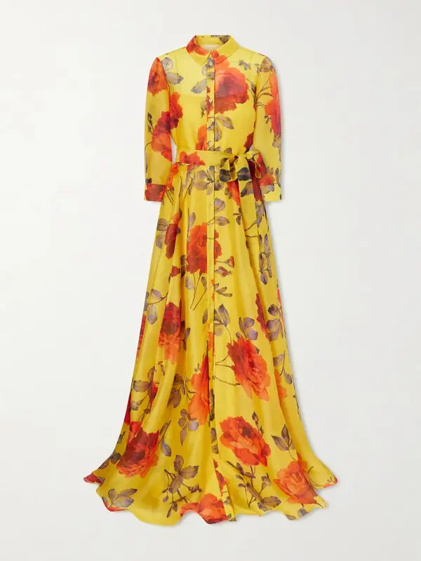 Carolina Herrera Belted Floral-print Silk-organza Gown - Yellow