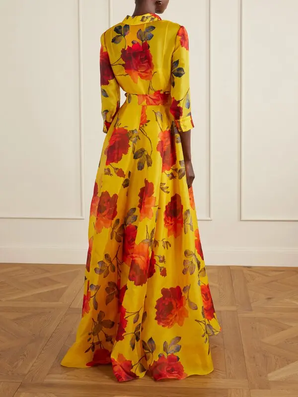 Carolina Herrera Belted Floral-print Silk-organza Gown