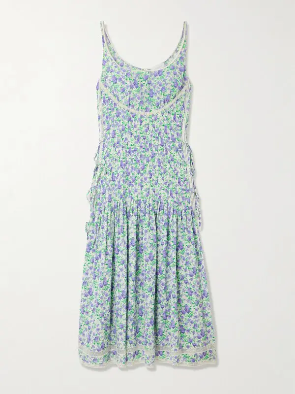 Rabanne Tie-detailed Lace-trimmed Pleated Floral-print Silk Midi Dress - Blue