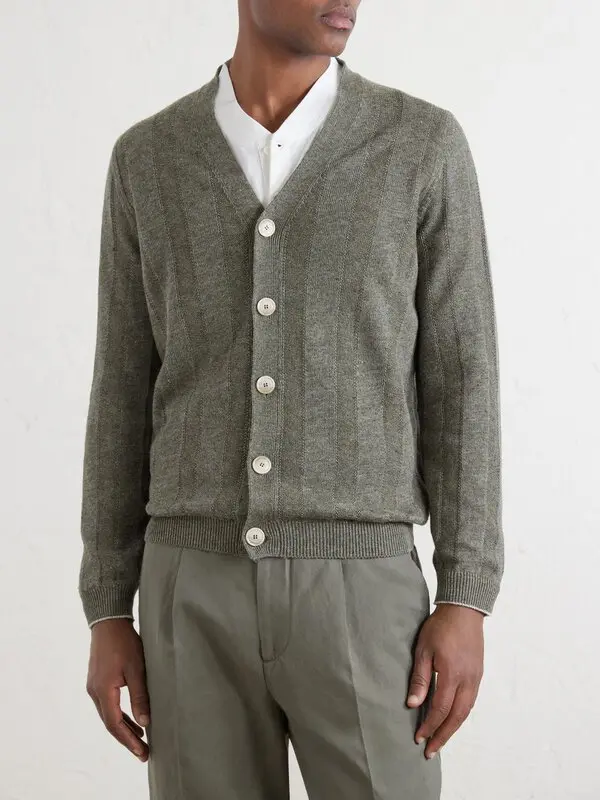 Brunello Cucinelli Striped Linen And Cotton-blend Cardigan - Green