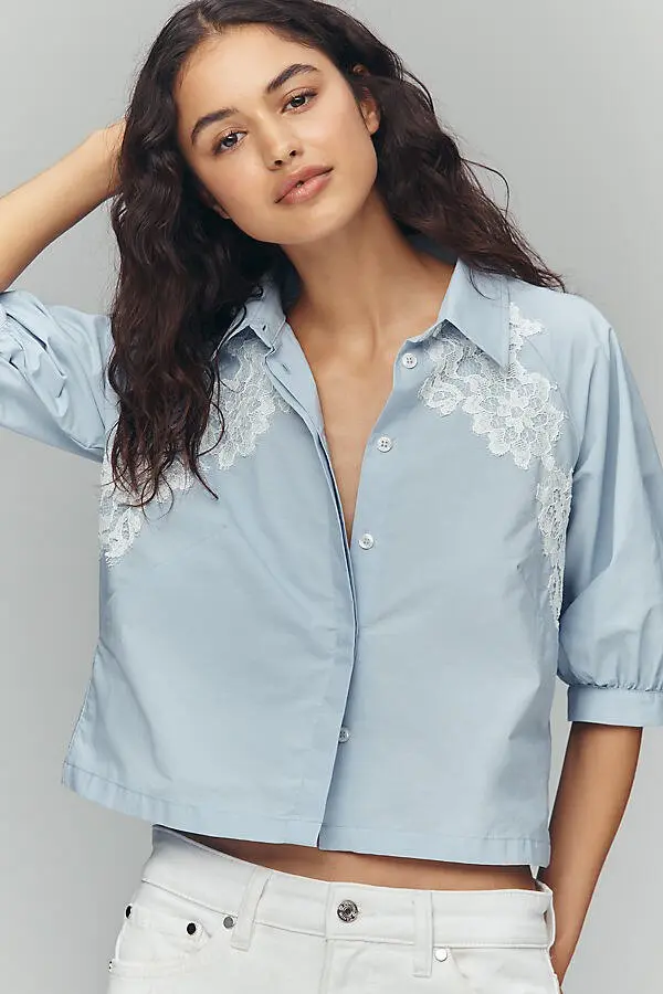 Maeve Lace Half-sleeve Crop Buttondown Shirt - Blue