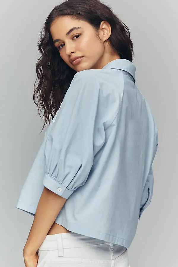 Maeve Lace Half-sleeve Buttondown Crop Shirt