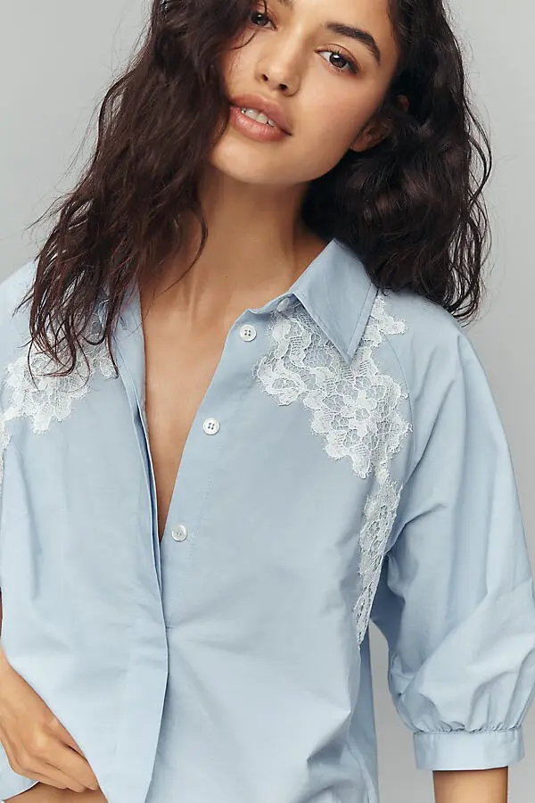 Maeve Lace Half-sleeve Buttondown Crop Shirt
