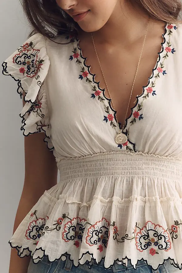 Anthropologie Embroidered Flutter-sleeve Top - Ivory